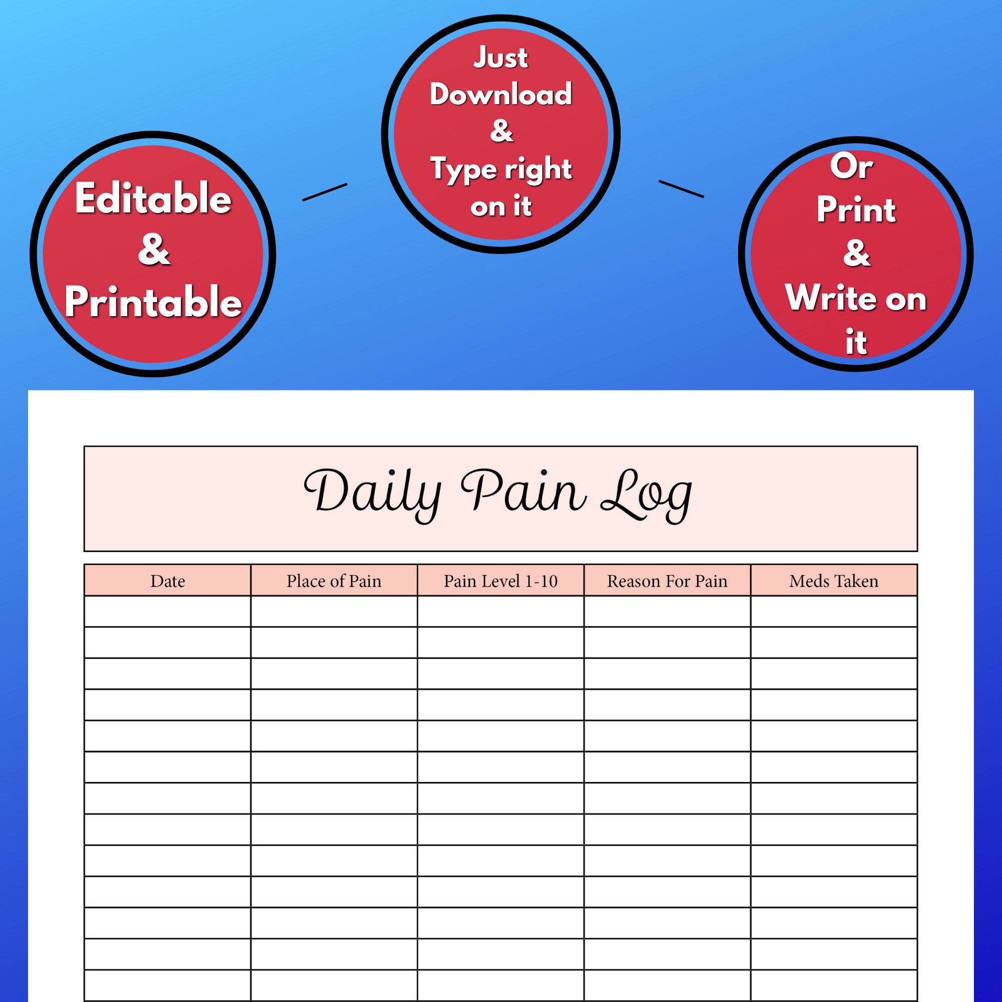 Daily Pain Tracker Editable & Printable Template, Instant Digital ...