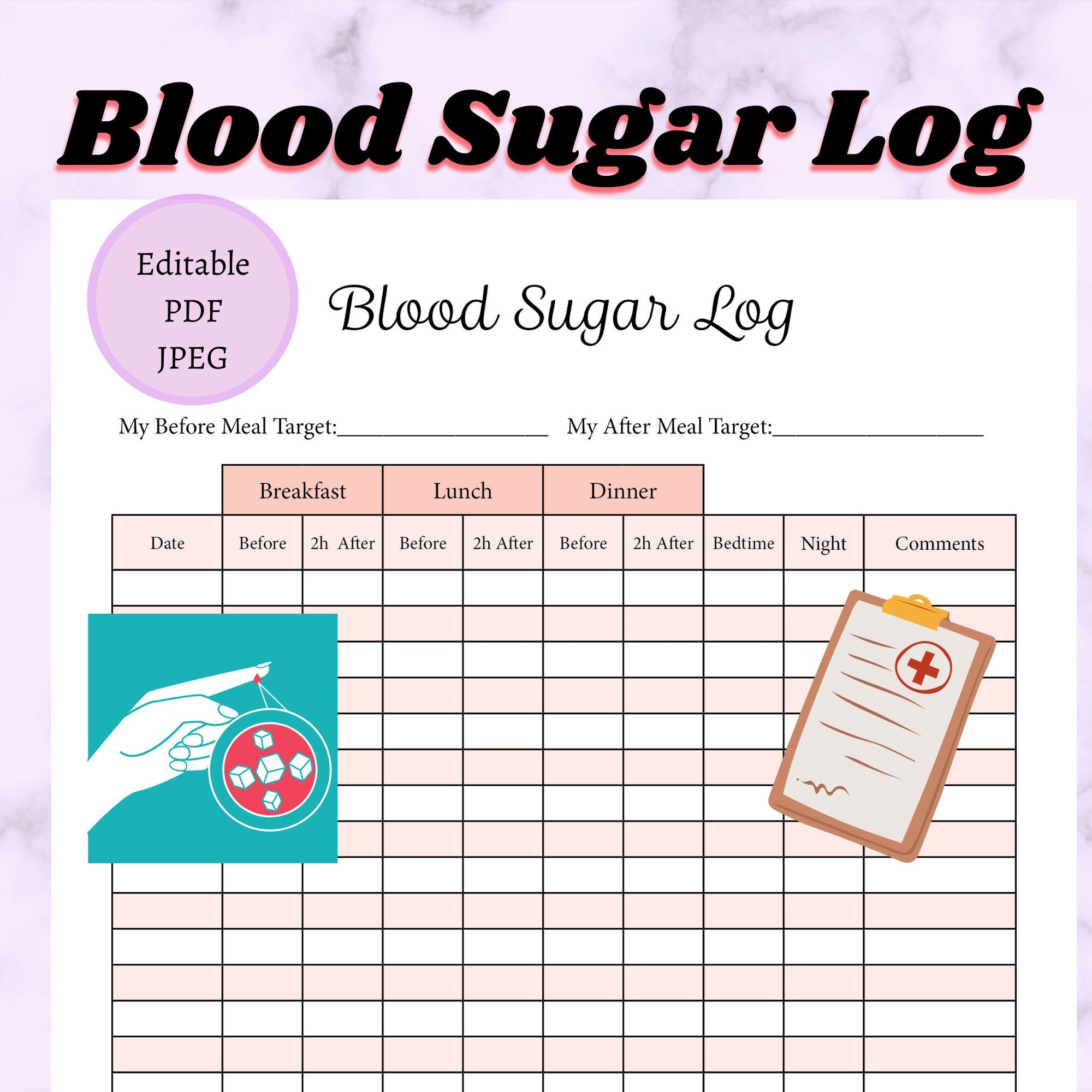Blood Sugar Editable PDF and Printable JPEG in Black/white and Color ...