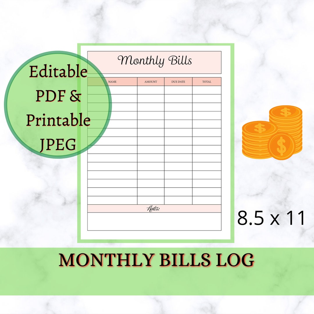 Monthly Bills Editable PDF and Printable JPEG, Great for Budgeting ...