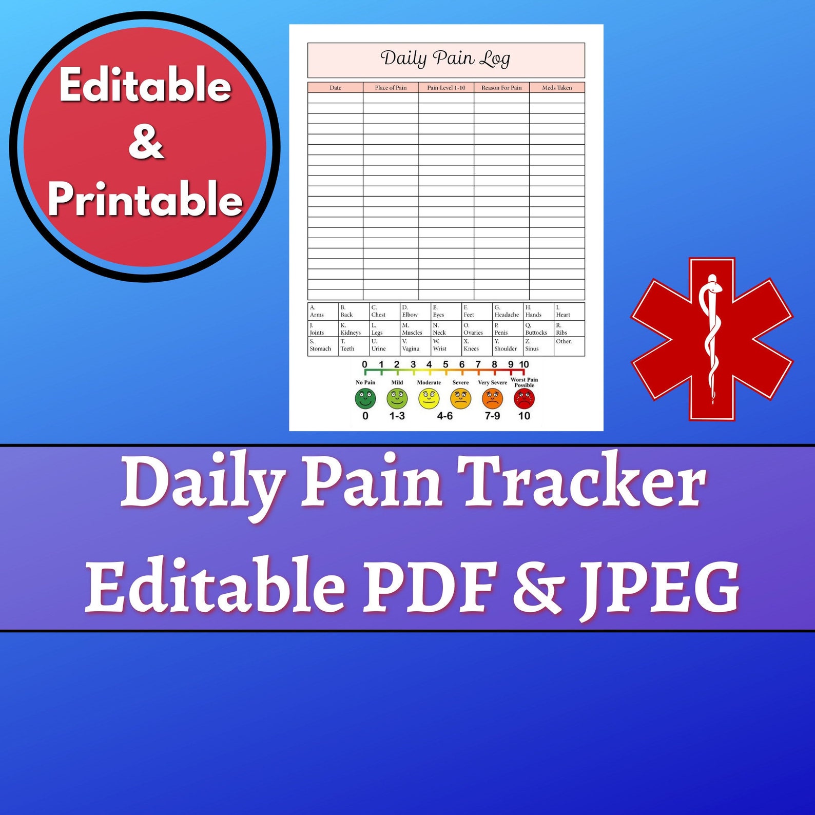 Daily Pain Tracker Editable & Printable Template, Instant Digital ...