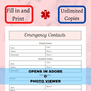 Emergency Contact Contacts Forms Editable and Printable PDF and JPEG ...