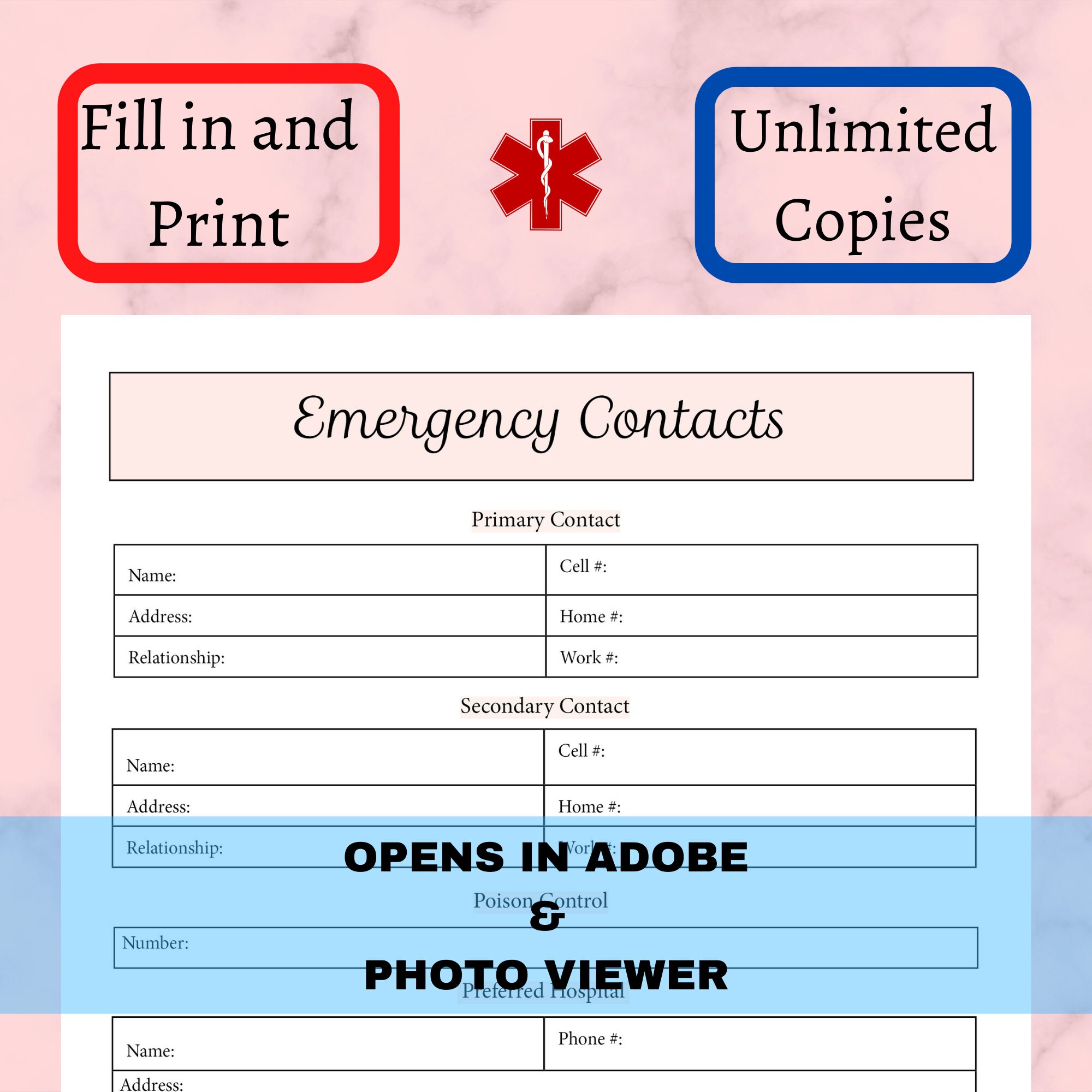 Emergency Contact + Contacts Forms Editable and Printable PDF and JPEG ...