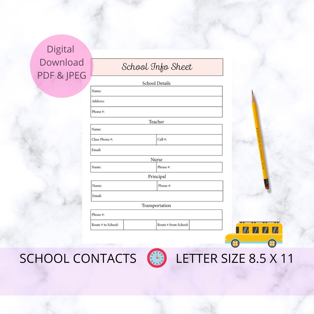 School Information Printable PDF and JPEG Template, School Contacts ...