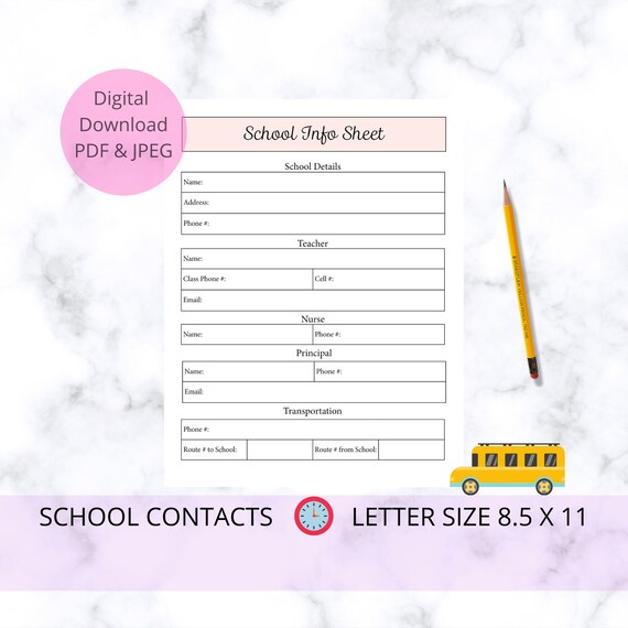 School Information Printable PDF and JPEG Template School | Etsy