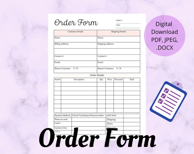 Order Form Editable Printable Templateformat PDF .DOCX & - Etsy