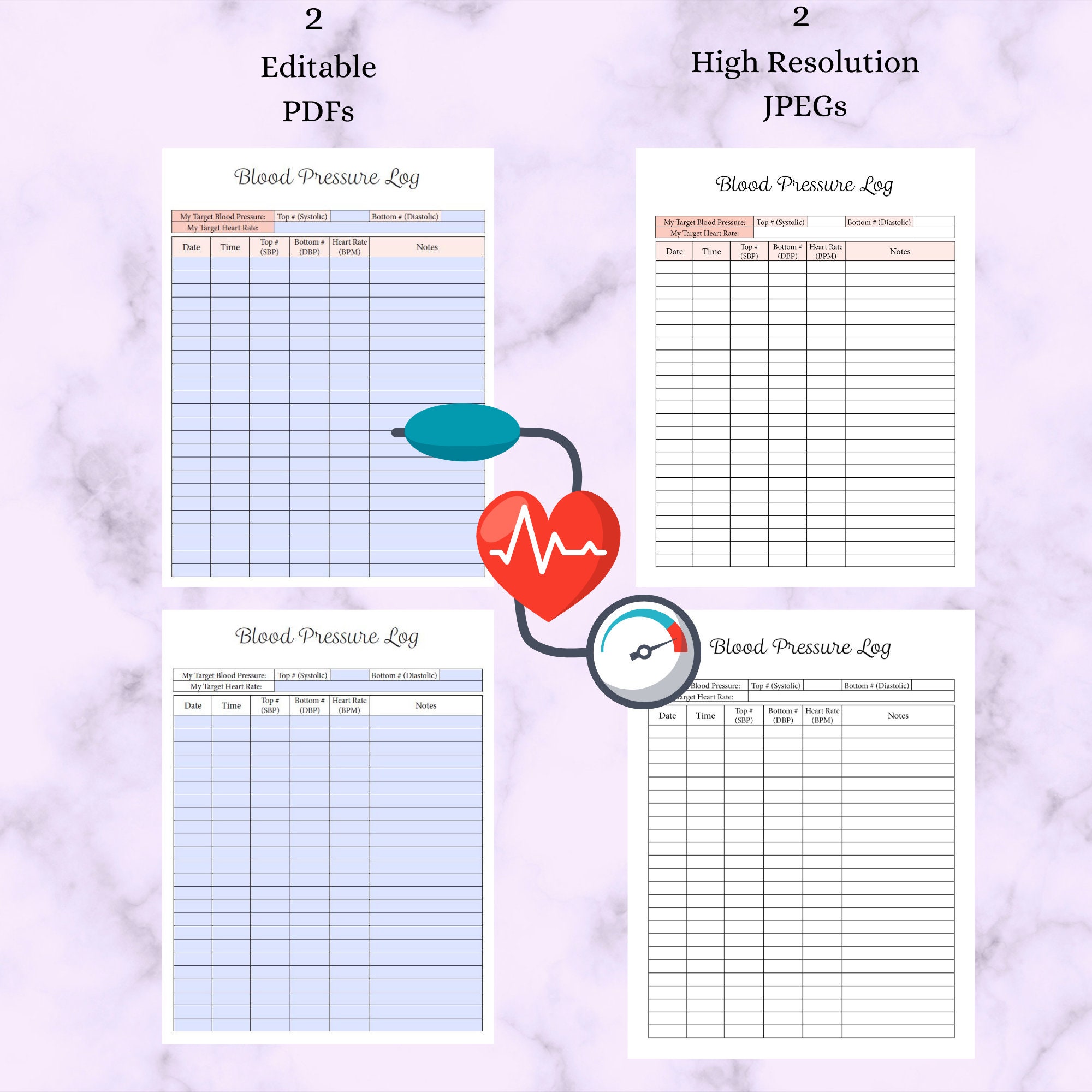 Blood Pressure Log Editable Template, Printable PDF and JPEG. Great to ...