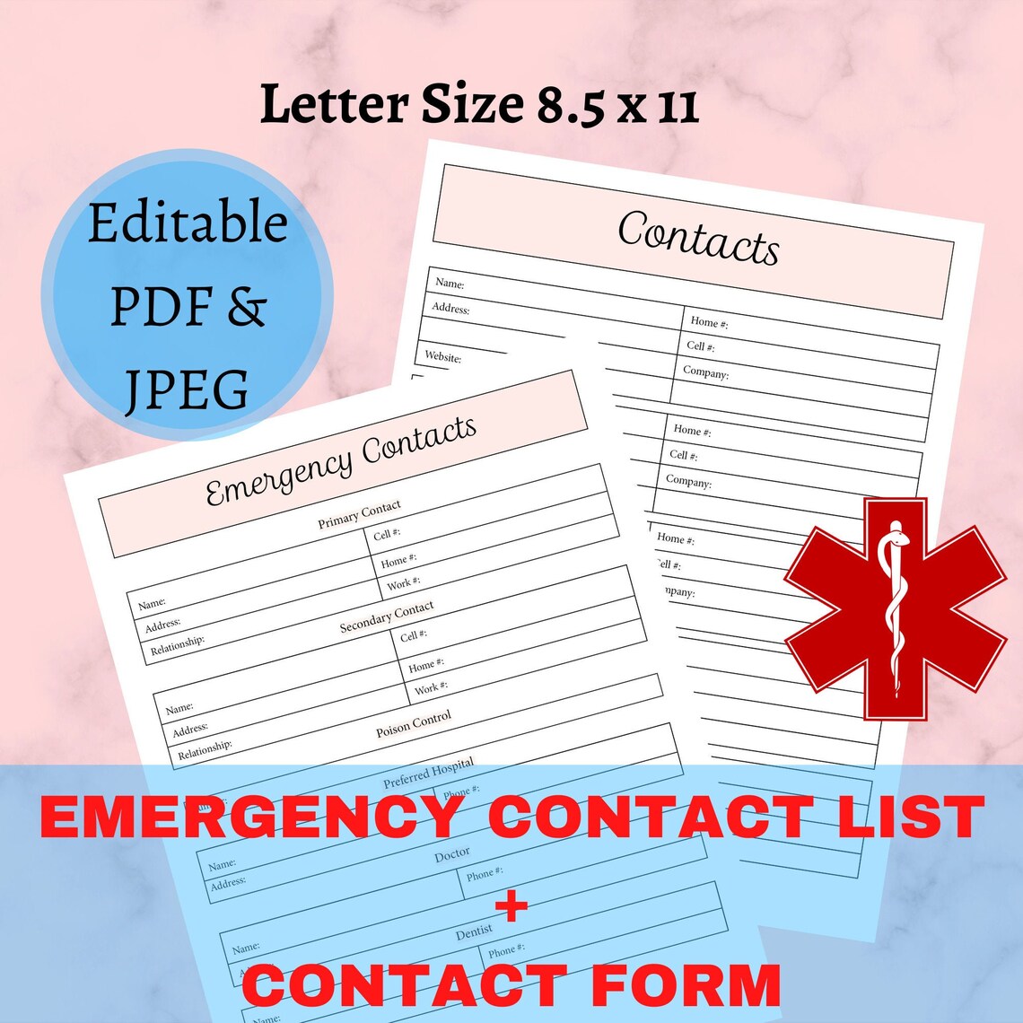 Emergency Contact Contacts Forms Editable and Printable PDF and JPEG ...