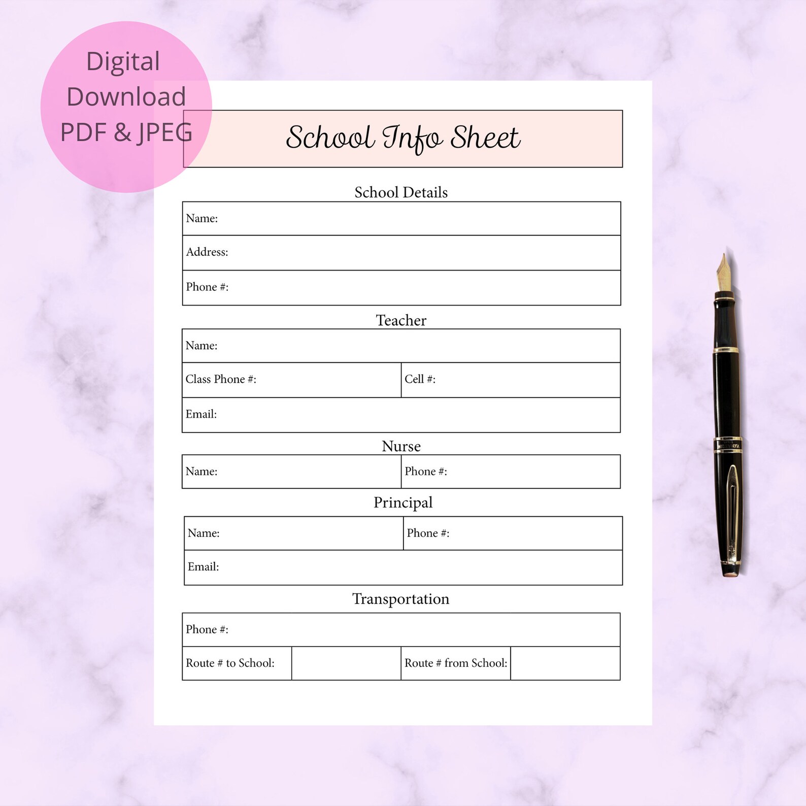 School Information Printable PDF and JPEG Template, School Contacts ...