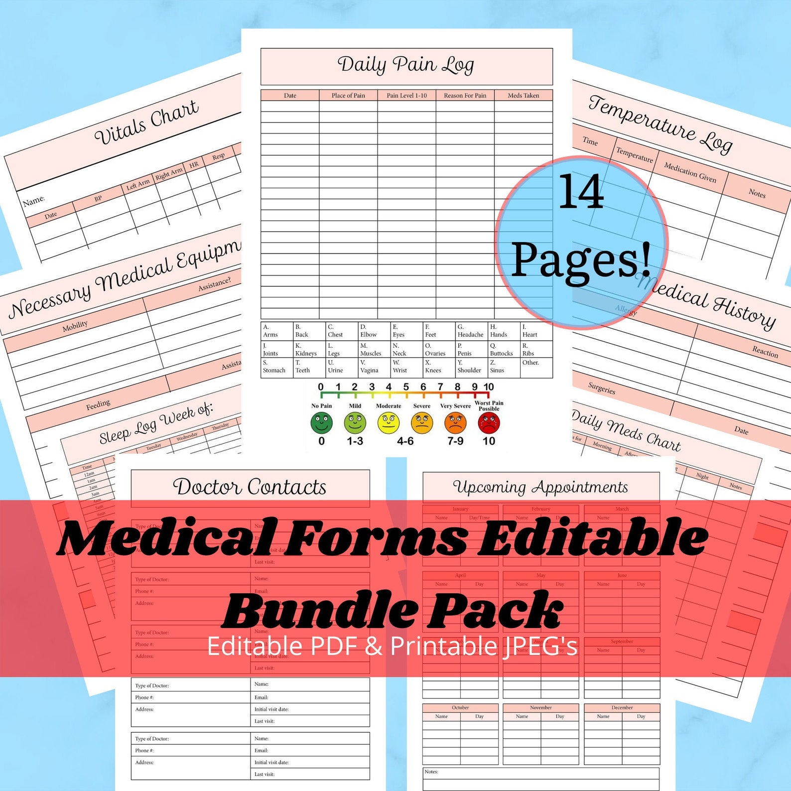 Medical Forms Printable Bundle Pack, Editable PDF & JPEG Templates, for ...