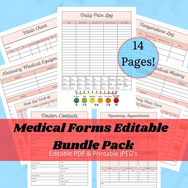 Medical Forms Printable Bundle Pack, Editable PDF & JPEG Templates, for ...
