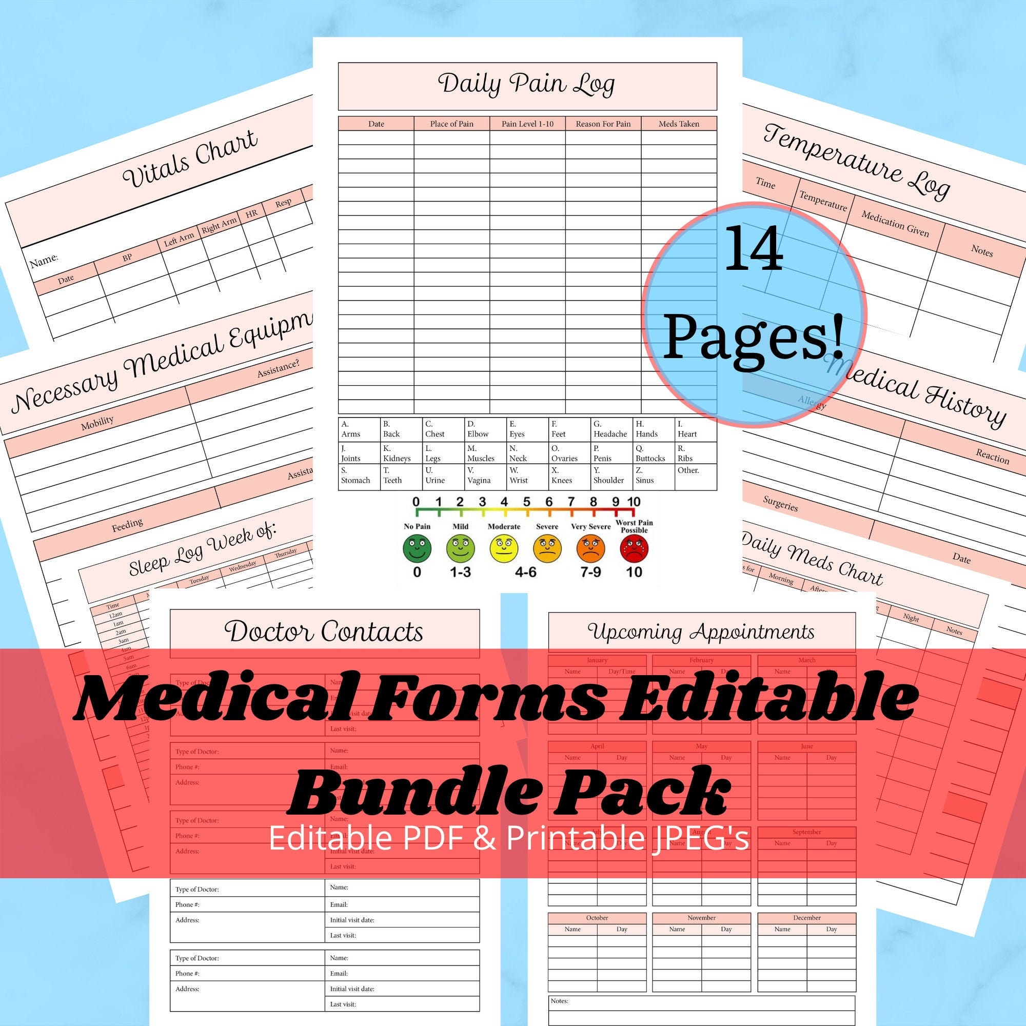 Medical Forms Printable Bundle Pack, Editable PDF & JPEG Templates, for ...