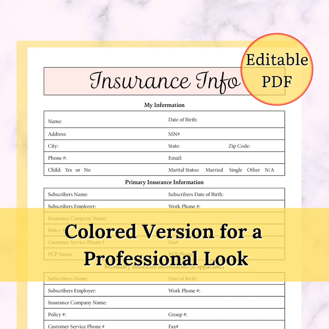 Insurance Info Form Editable PDF Printable JPEGS Great Medical - Etsy
