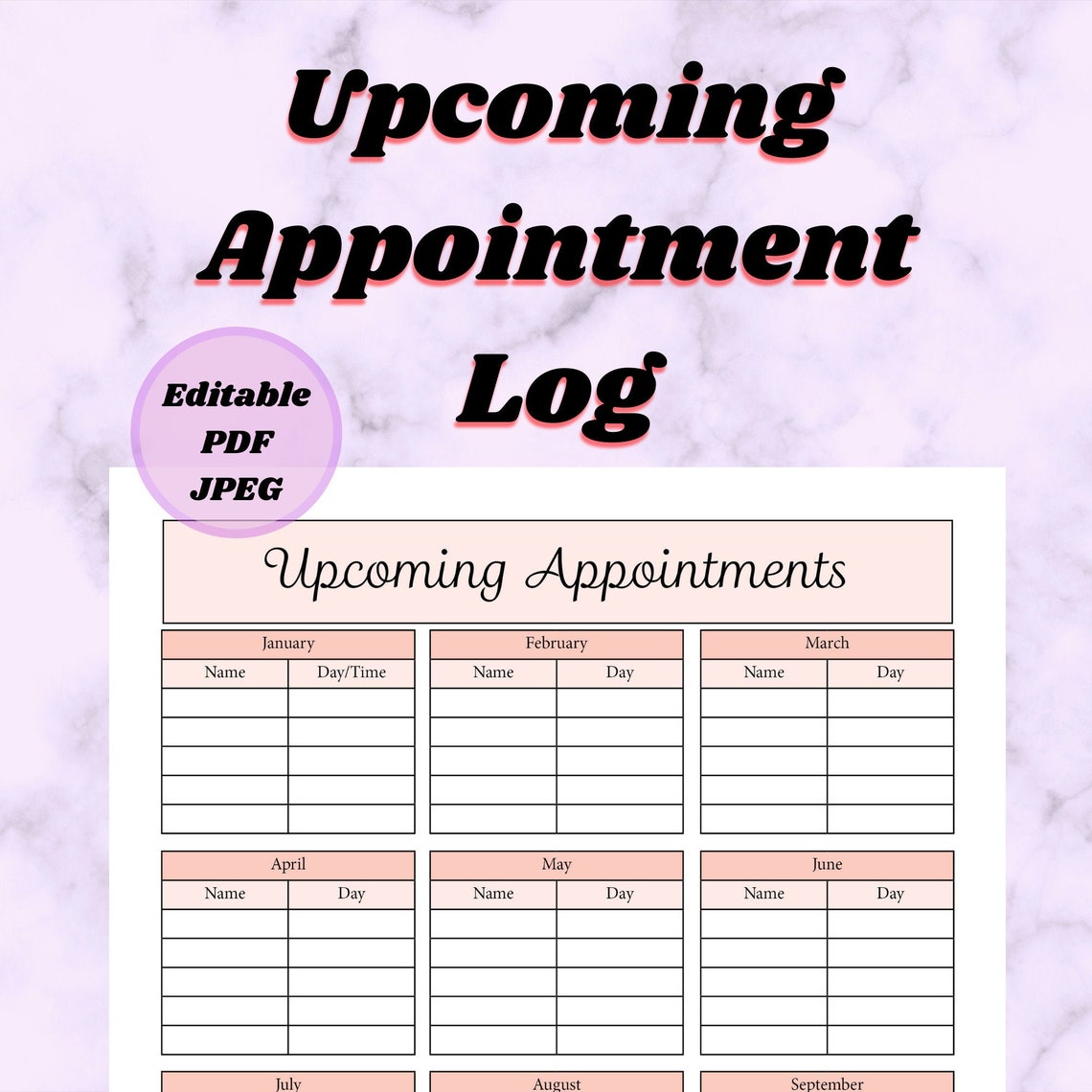Upcoming Appointment Log, Editable and Printable Digital Download ...