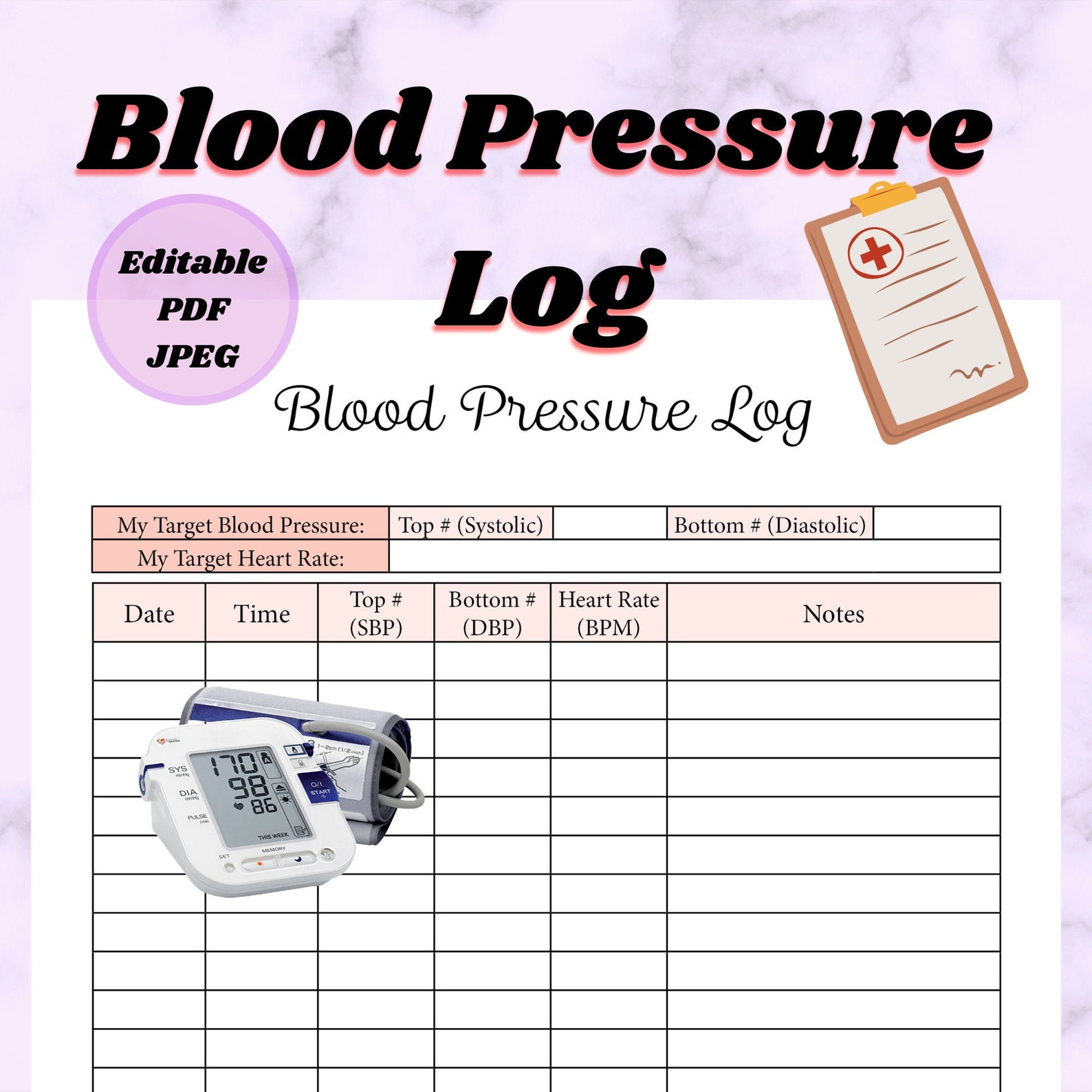 Blood Pressure Log Editable Template Printable PDF and JPEG. - Etsy UK