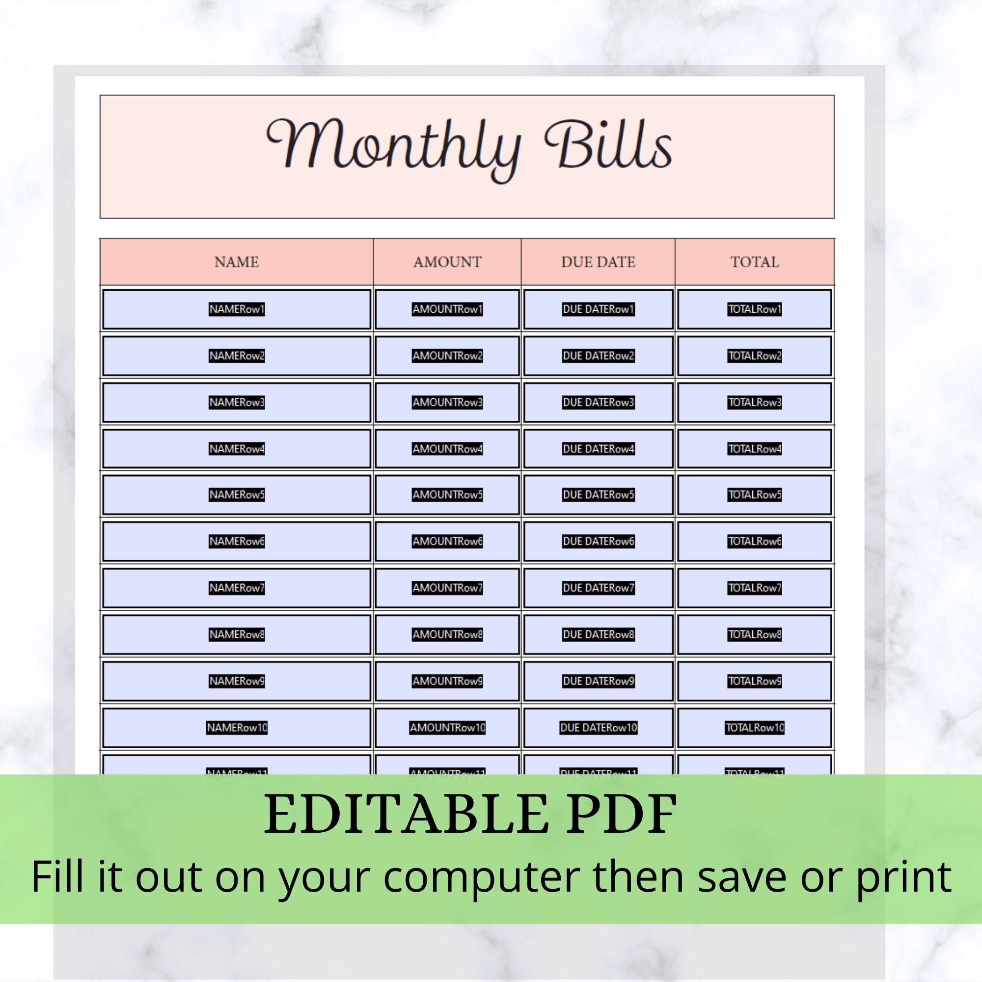 Monthly Bills Editable PDF and Printable JPEG, Great for Budgeting ...
