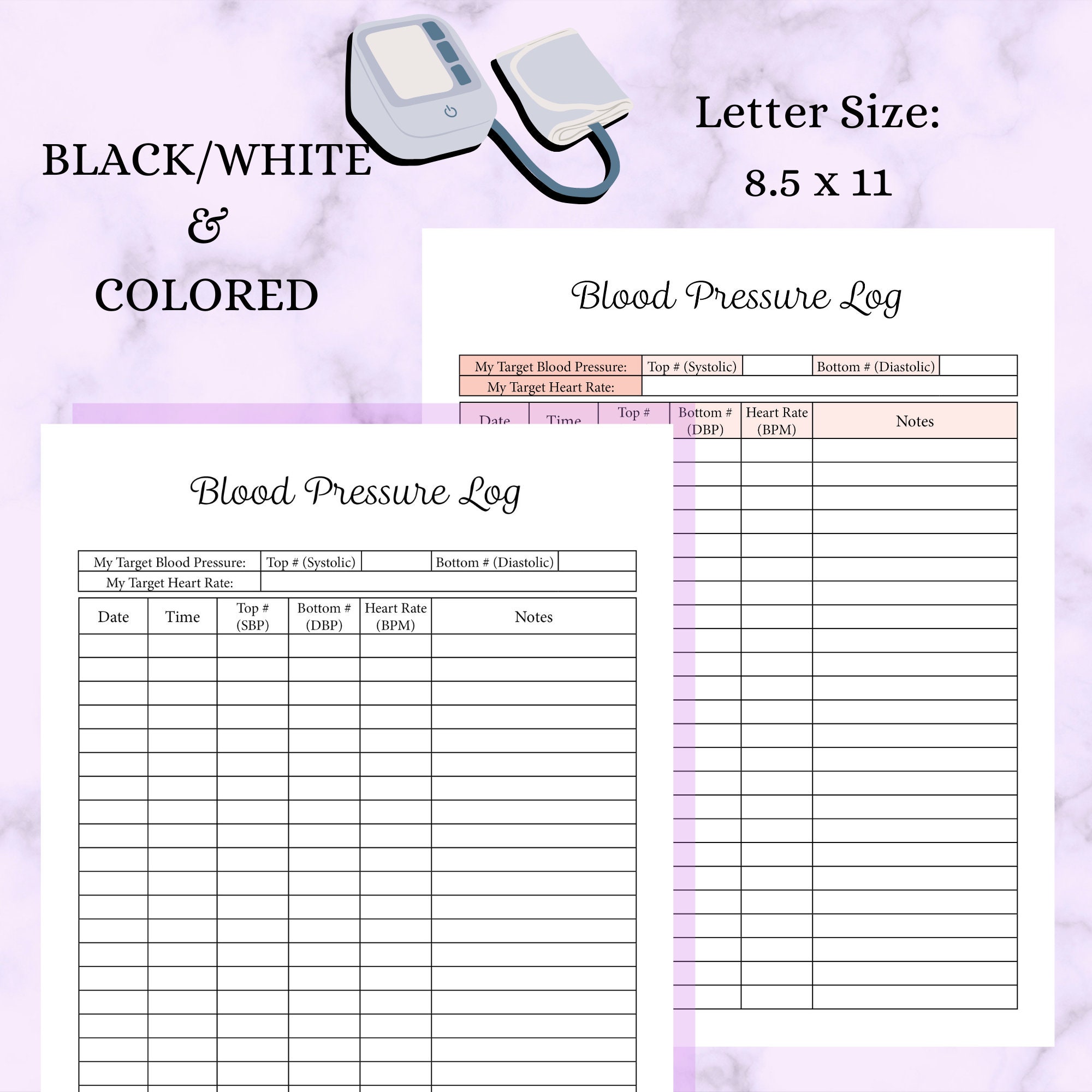 Blood Pressure Log Editable Template, Printable PDF and JPEG. Great to ...