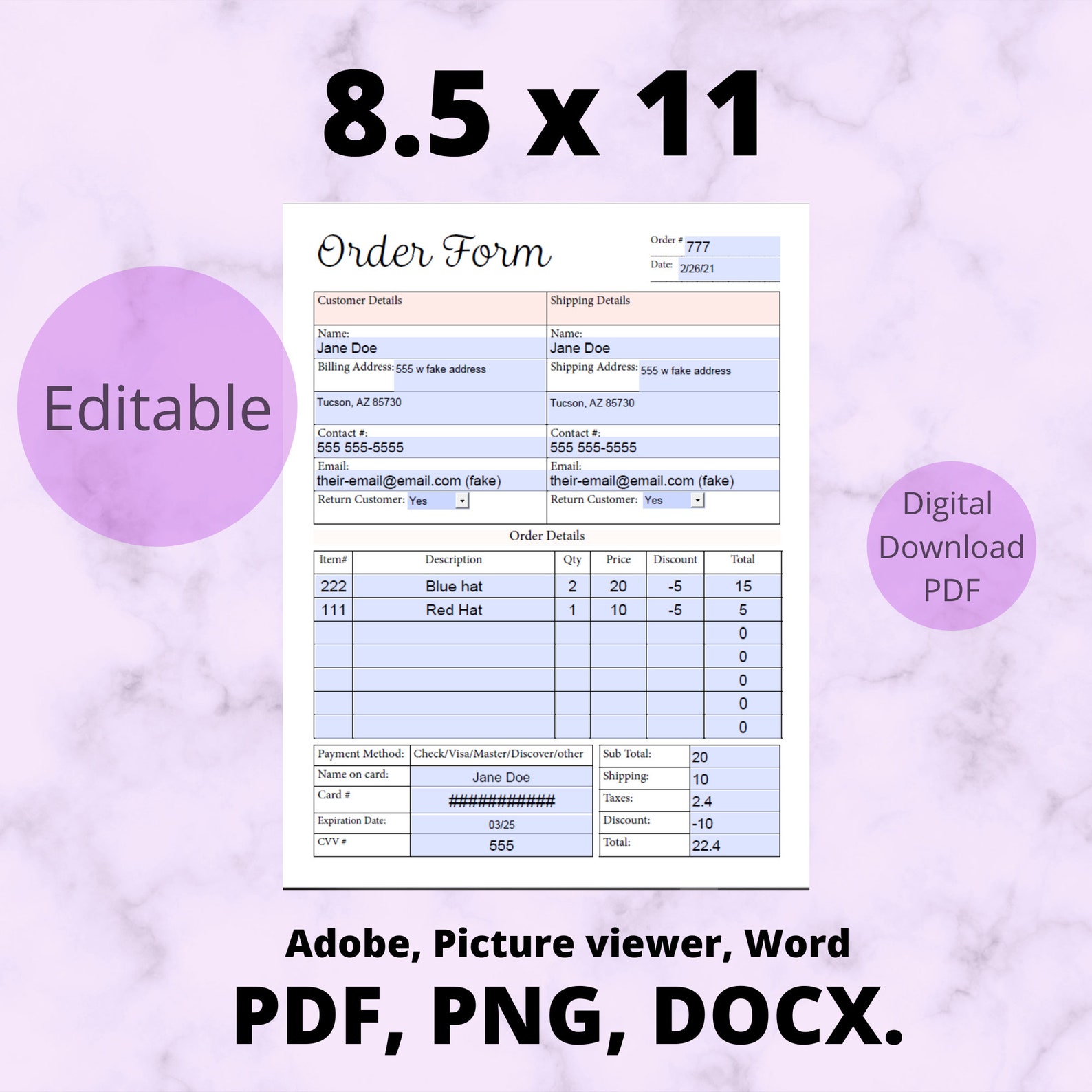Order Form Editable Printable Template,format- PDF, .DOCX & JPG ...