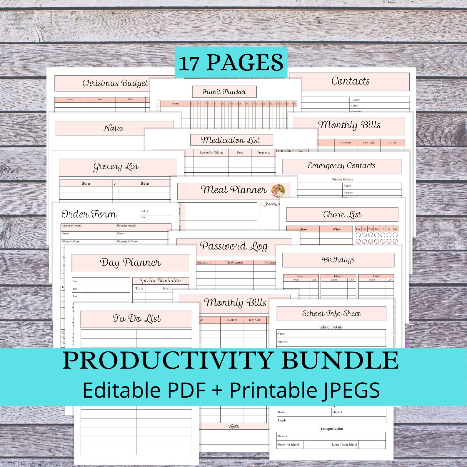 Productivity Printable Bundle, Complete Editable Packet, Templates to ...