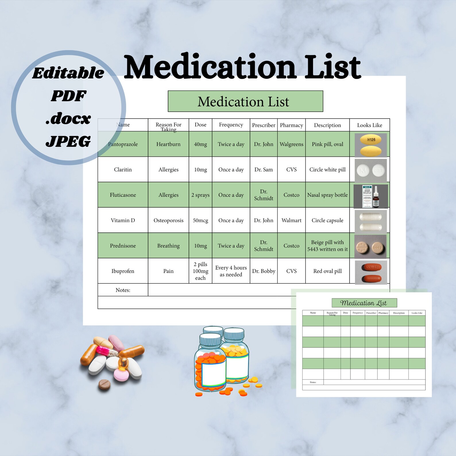Medication List With Pictures and Green Tones, Editable Printable ...
