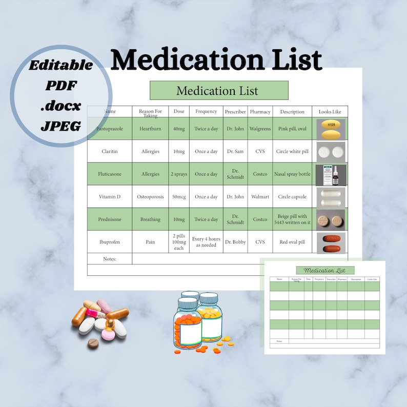 Medication List With Pictures and Green Tones, Editable Printable ...