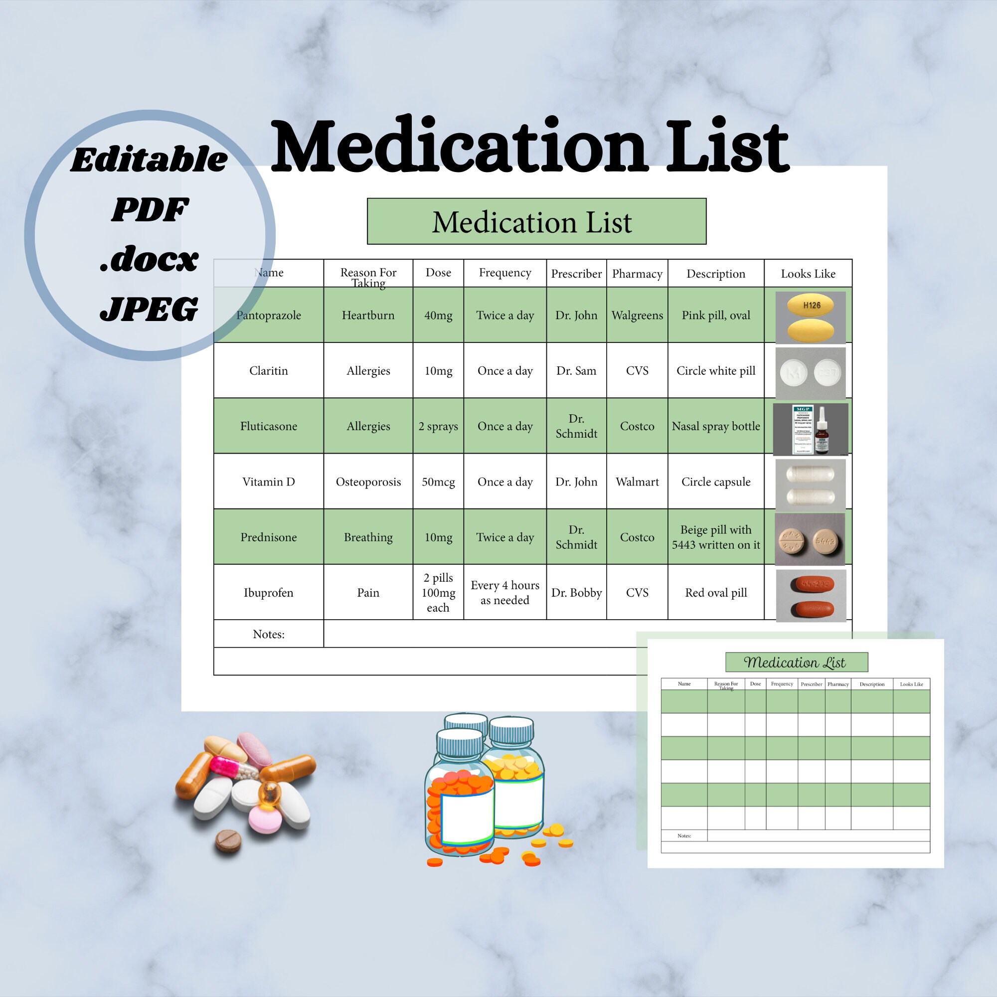Medication List With Pictures and Green Tones, Editable Printable ...
