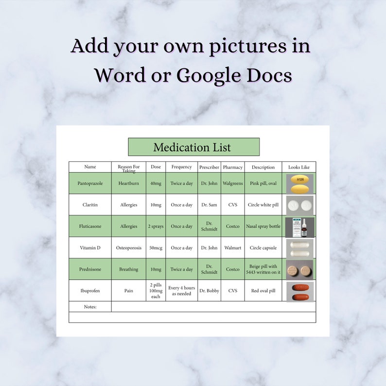Medication List With Pictures and Green Tones, Editable Printable ...