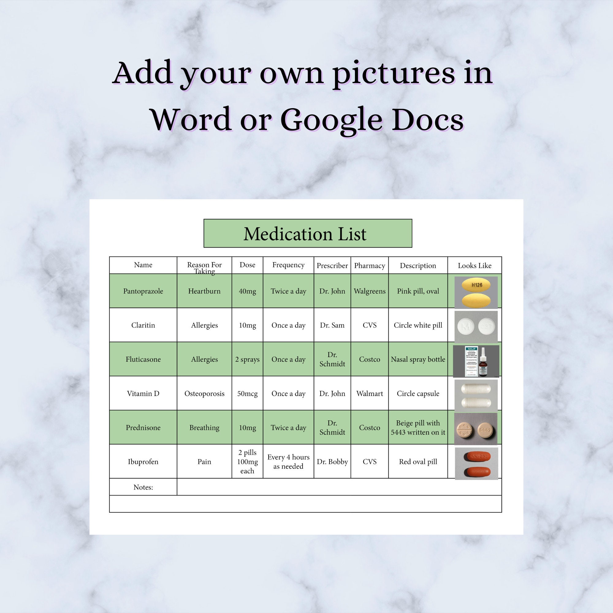 Medication List With Pictures and Green Tones, Editable Printable ...
