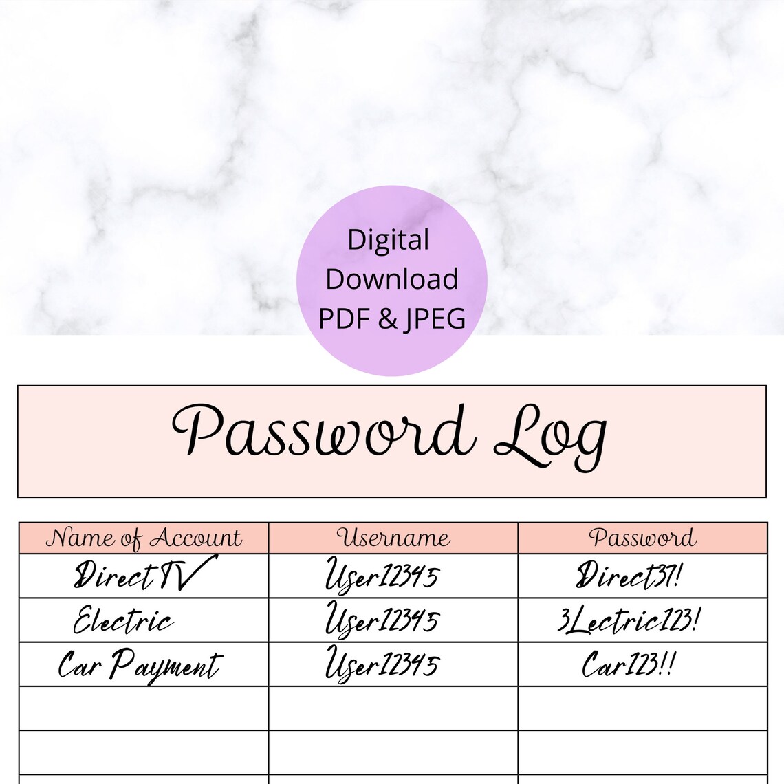 Password Log Printable PDF and JPEG, Password Log Tracker, Internet ...