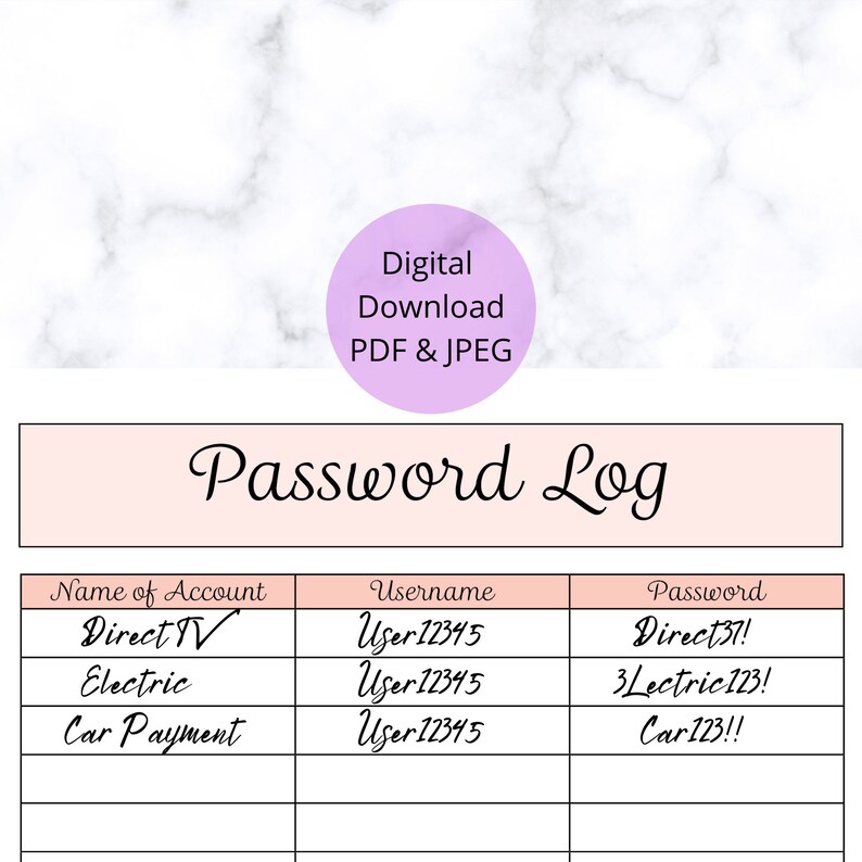 Password Log Printable PDF and JPEG, Password Log Tracker, Internet ...