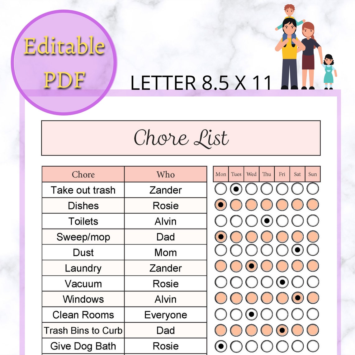 Weekly Chore List Editable PDF & Printable JPEG. Moms and Dads Teach ...