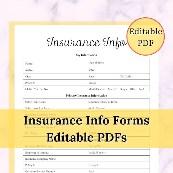 Insurance Info Form Editable PDF Printable JPEGS Great Medical - Etsy
