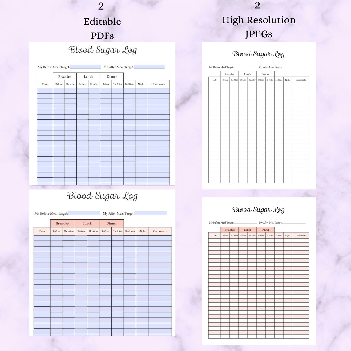 Blood Sugar Editable PDF and Printable JPEG in Black/white and Color ...