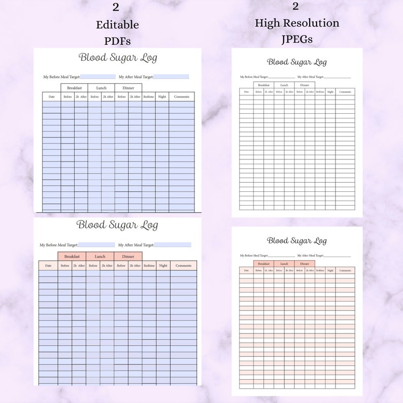 Blood Sugar Editable PDF and Printable JPEG in Black/white and Color ...