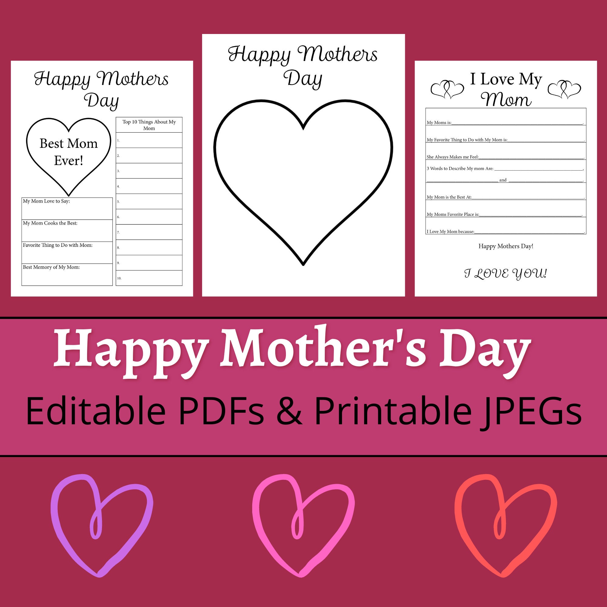 Mother's Day Bundle Pack 3 Pages and a Card Template in PDF and JPEG ...