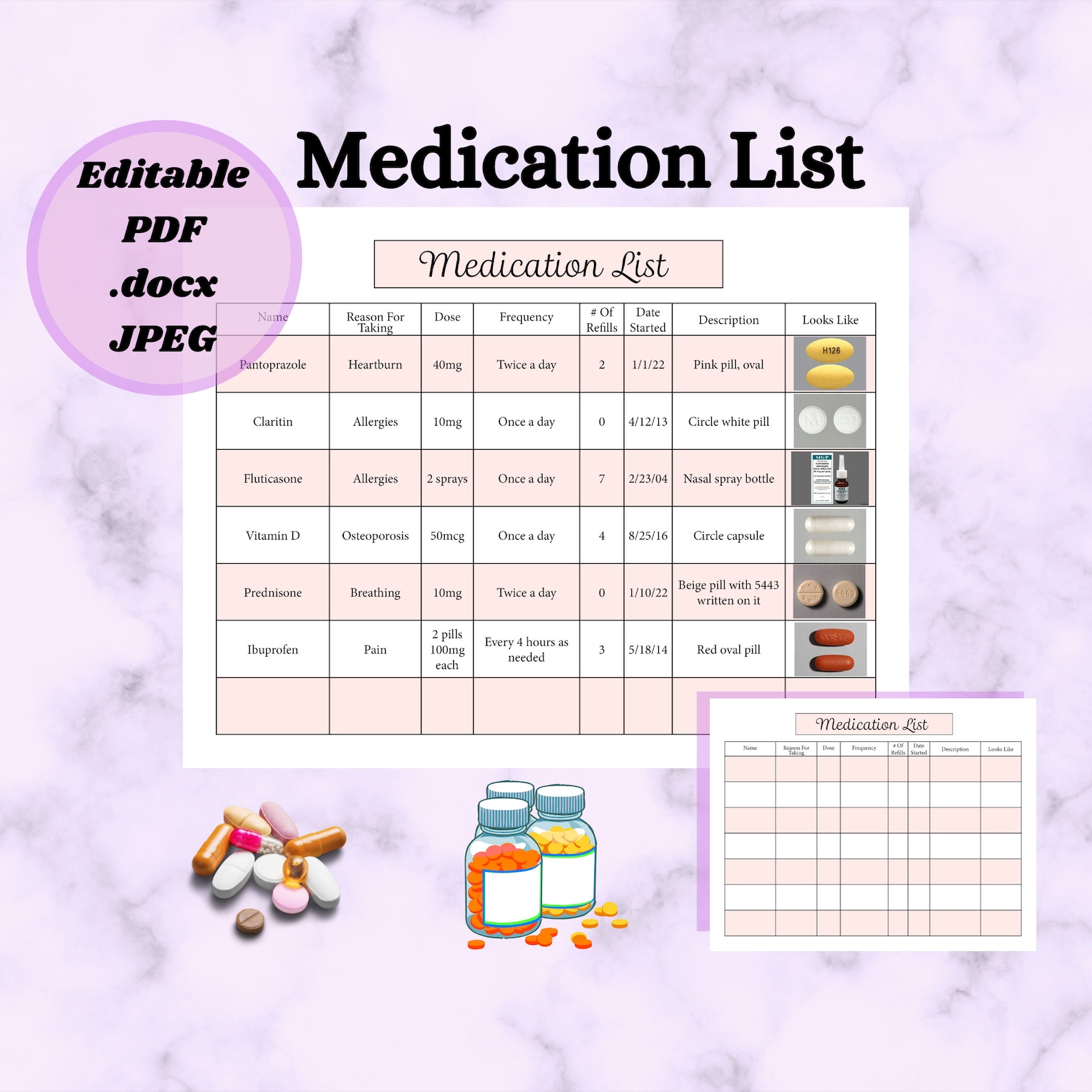 Medication List With Pictures Editable and Printable Template, PDF, JPG ...