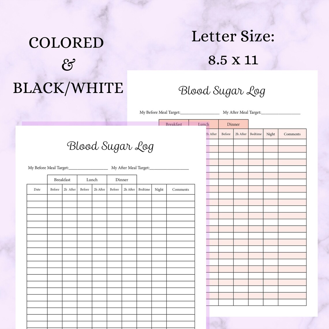 Blood Sugar Editable PDF and Printable JPEG in Black/white and Color ...