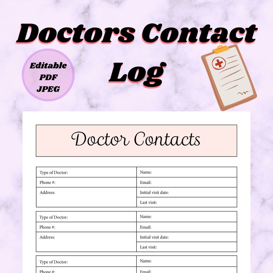Doctors Contact Log, Editable and Printable Digital Download, Great to ...