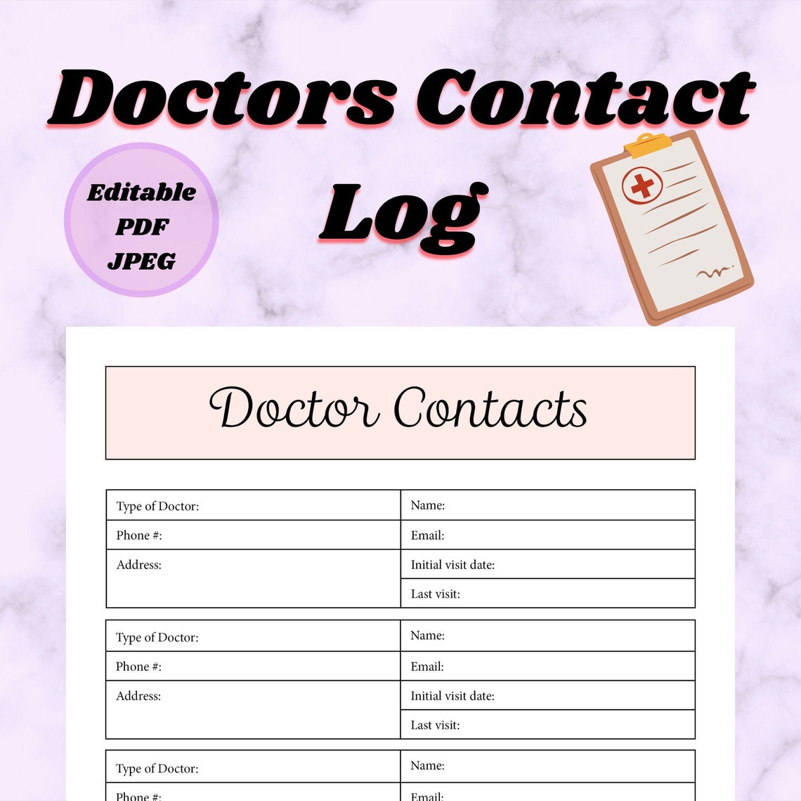 Doctors Contact Log, Editable and Printable Digital Download, Great to ...
