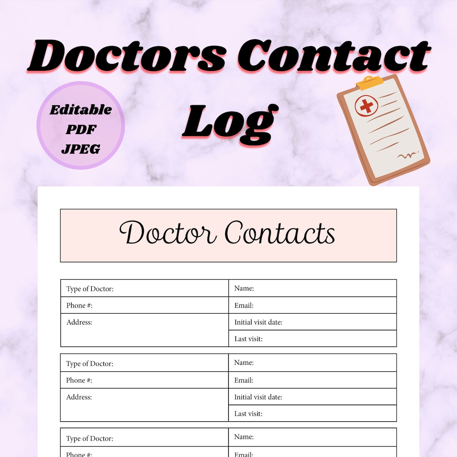 Doctors Contact Log, Editable and Printable Digital Download, Great to ...