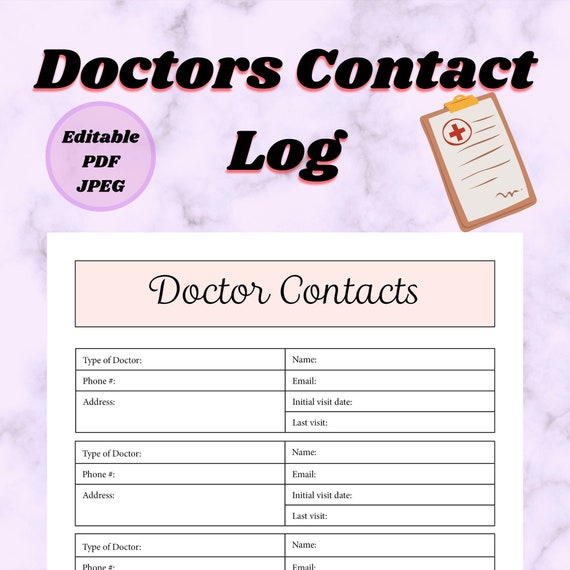 Doctors Contact Log Editable and Printable Digital Download - Etsy