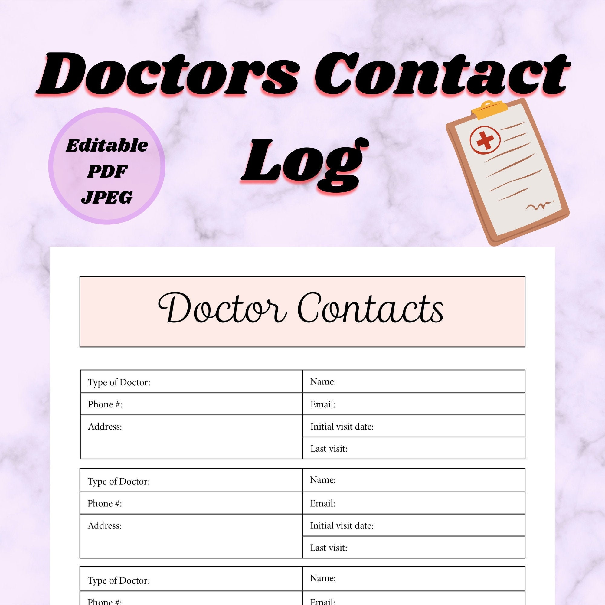 Doctors Contact Log, Editable and Printable Digital Download, Great to ...