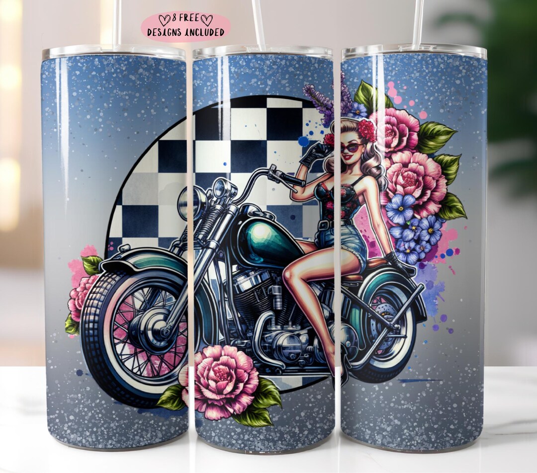 Pinup Girl Motorcycle Floral Biker Babe Tumbler Wrap 20 Oz Skinny ...
