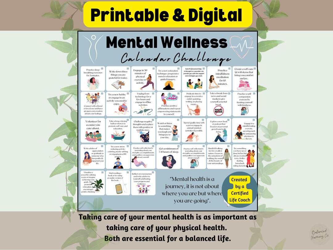 Mental Wellness Calendar Challenge Mental Health 31-day Calendar Mental ...