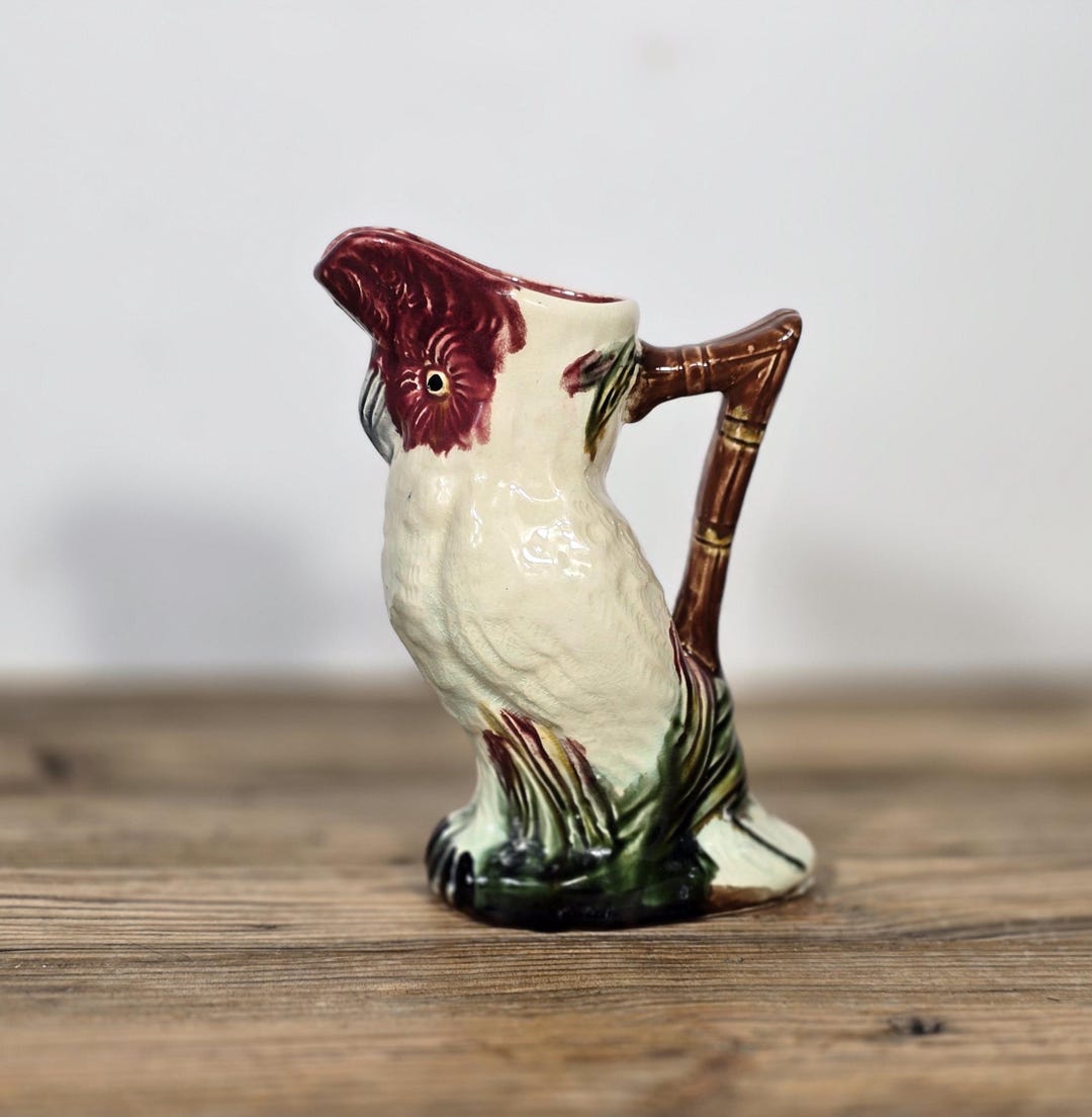 Majolica Bird Pitcher With Bamboo Handle – Vintage English Parrot Jug ...