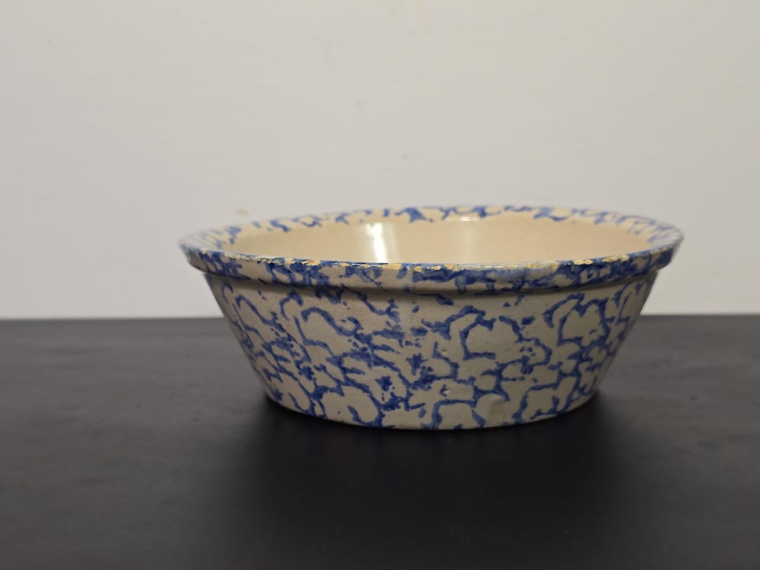 Antique Blue Spongeware Bowl, 1800s Stoneware Mixing Bowl, Primitive ...