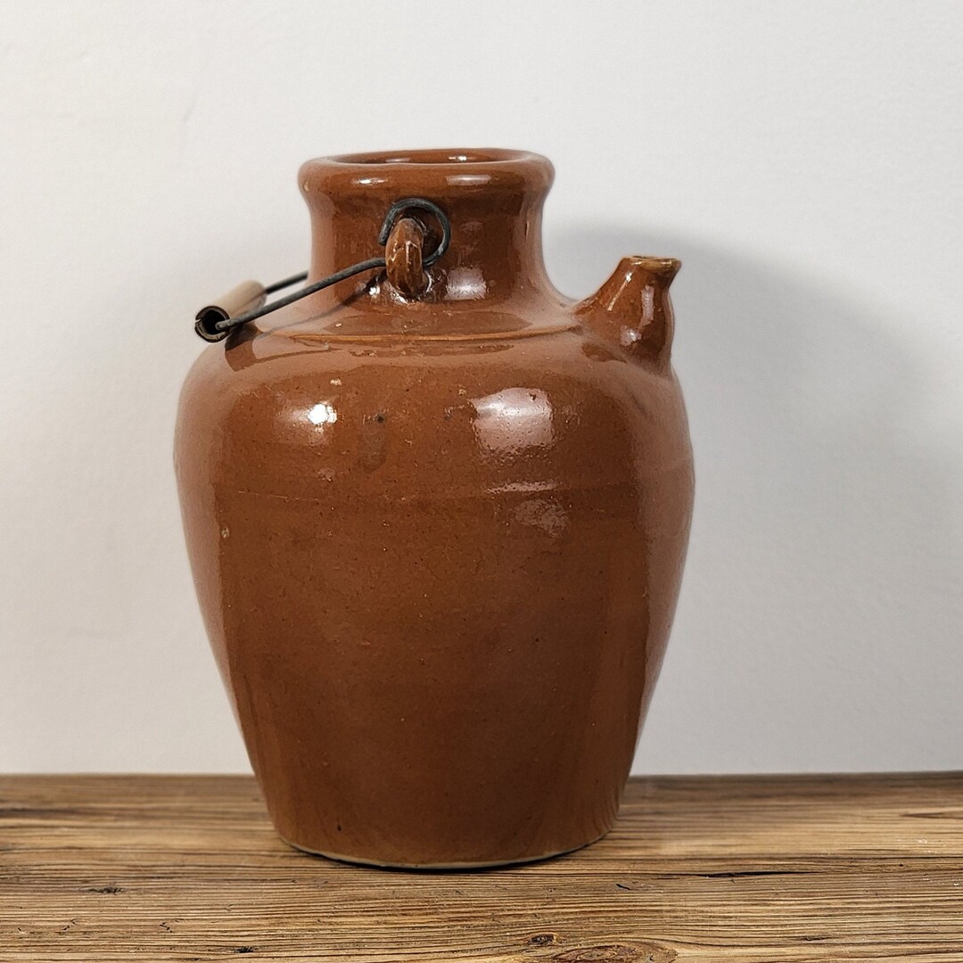 Antique Stoneware Syrup Jug – Brown Glazed Molasses Crock With Spout ...