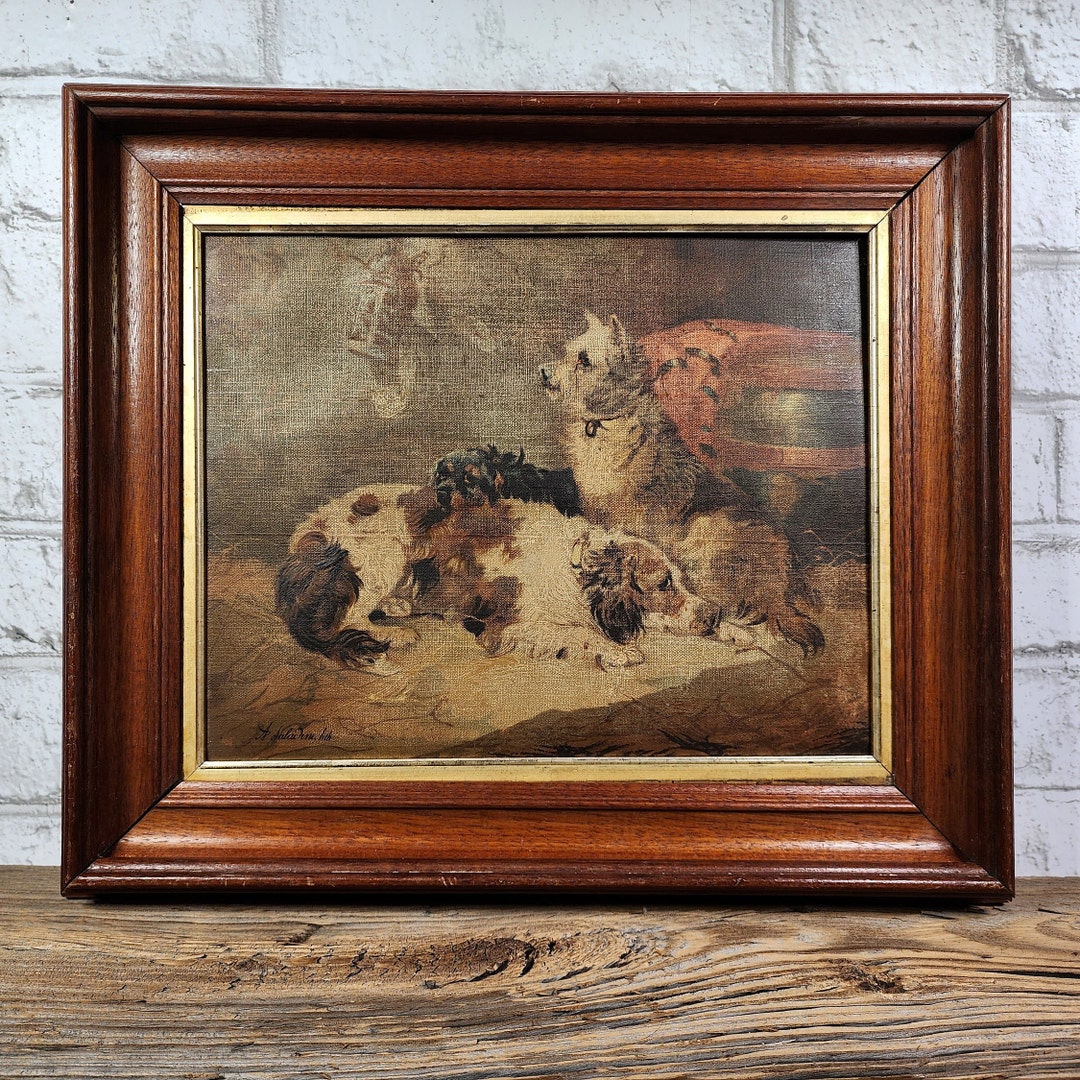 Antique Signed Victorian Lithograph, Wallpaper Sample, With 3 Dogs on a ...