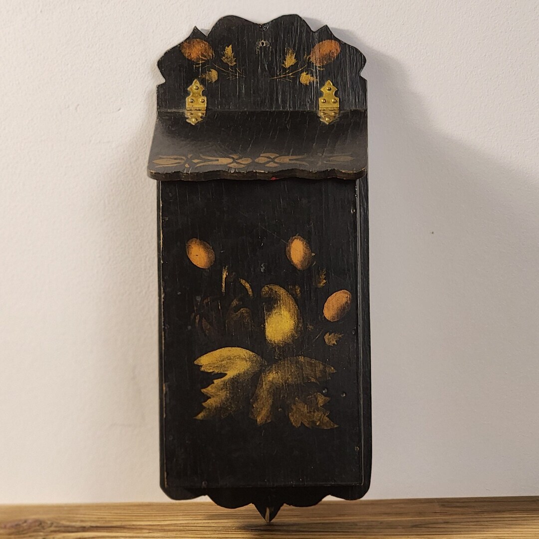 Antique Folk Art Black Wood Candle Box With Lid Vintage Painted Wall ...