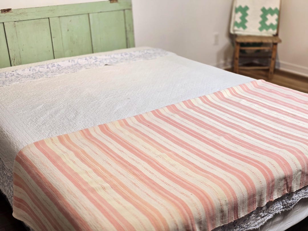 Vintage French Canadian Catalogne Blanket – Handwoven Rag Weave Bed ...
