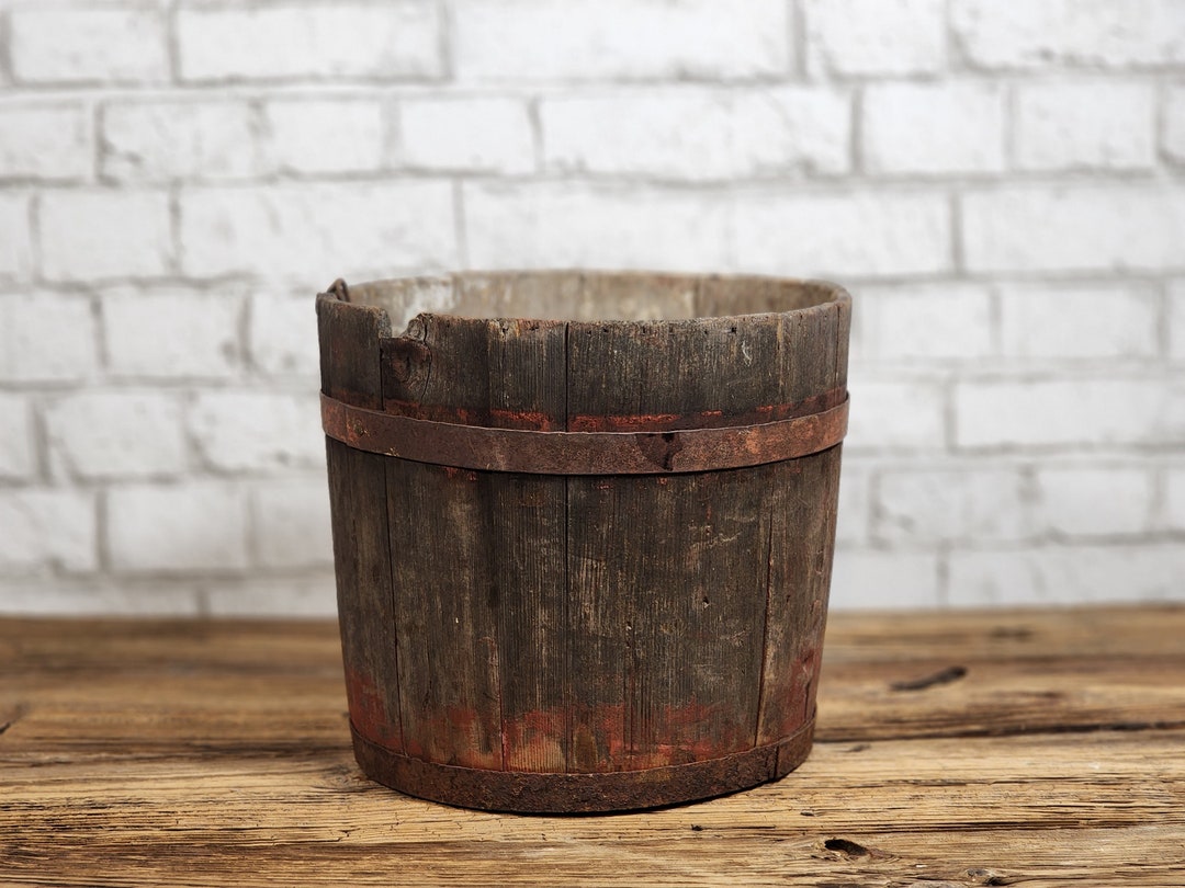 Antique Wood Sap Bucket With Remnents of Oyster White and Red Paint ...